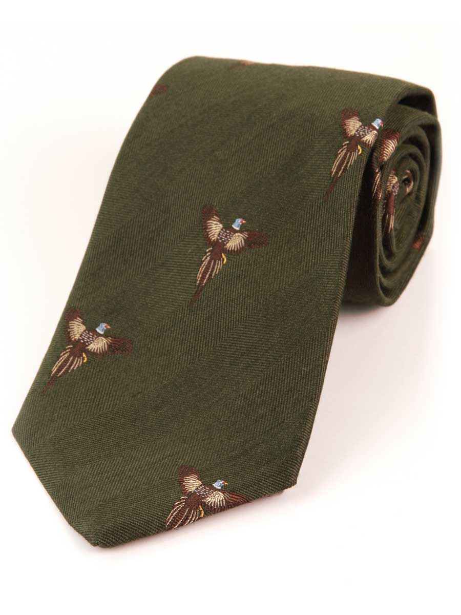 Dark Olive Flying Pheasant Shooting Tie | Woven Wool and Silk | Made in ...