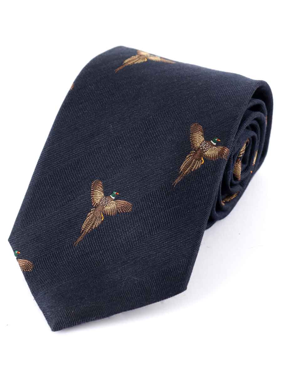 Navy Flying Pheasant Shooting Tie | Woven Wool and Silk | Made in Ireland
